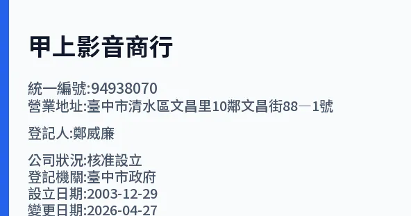 甲上影音商行的照片-統編 94938070(臺中市) 公司登記資料與營業項目詳細圖表