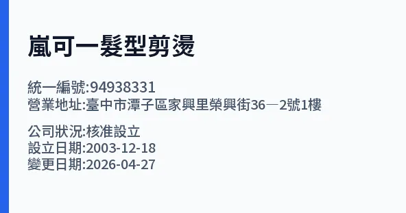 嵐可一髮型剪燙的照片-統編 94938331(臺中市) 公司登記資料與營業項目詳細圖表