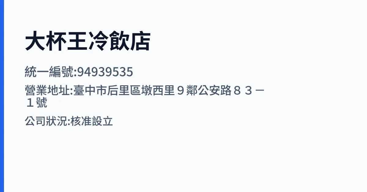 大杯王冷飲店 - 統編 94939535(臺中市) 公司登記資料與營業項目詳細圖表