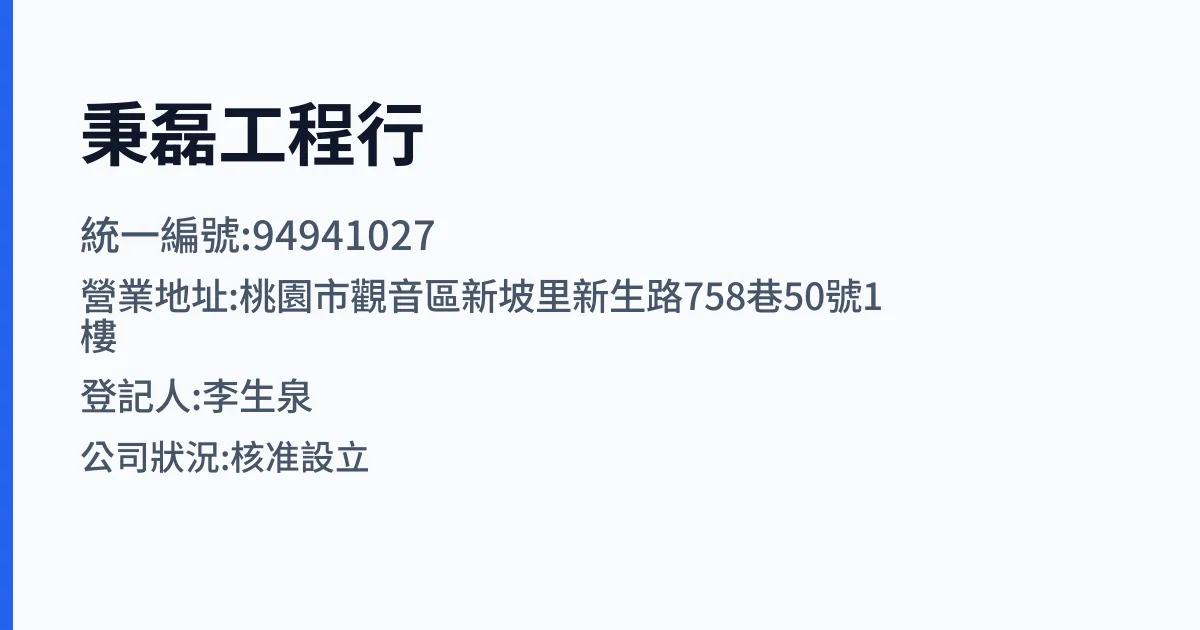 秉磊工程行 - 統編 94941027(桃園市) 公司登記資料與營業項目詳細圖表