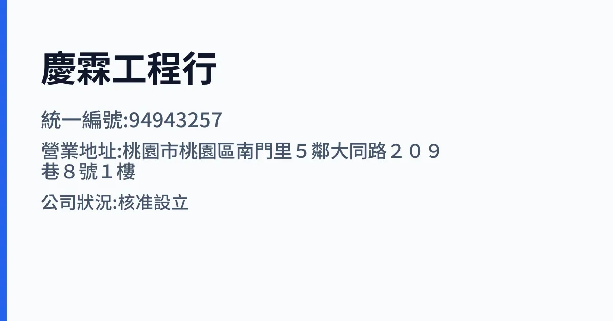 慶霖工程行 - 統編 94943257(桃園市) 公司登記資料與營業項目詳細圖表