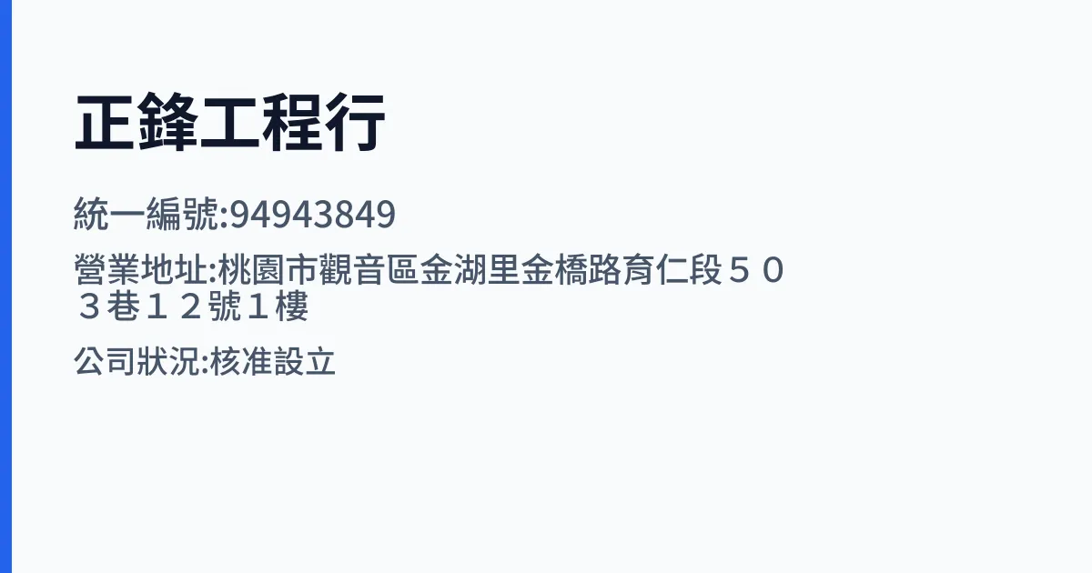 正鋒工程行 - 統編 94943849(桃園市) 公司登記資料與營業項目詳細圖表