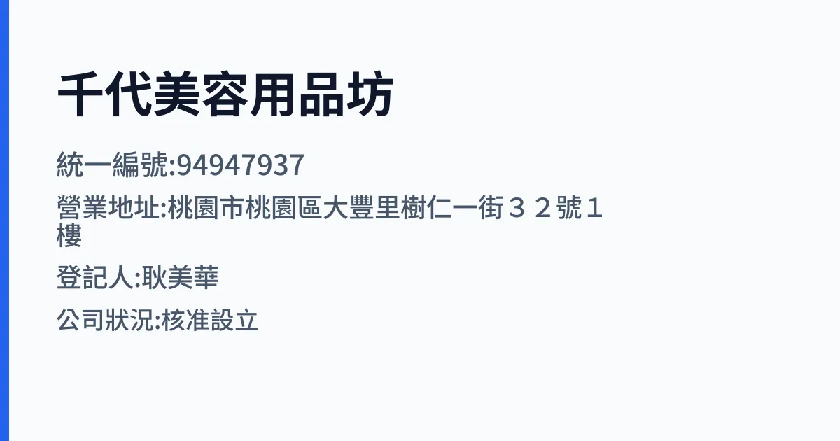 千代美容用品坊 - 統編 94947937(桃園市) 公司登記資料與營業項目詳細圖表