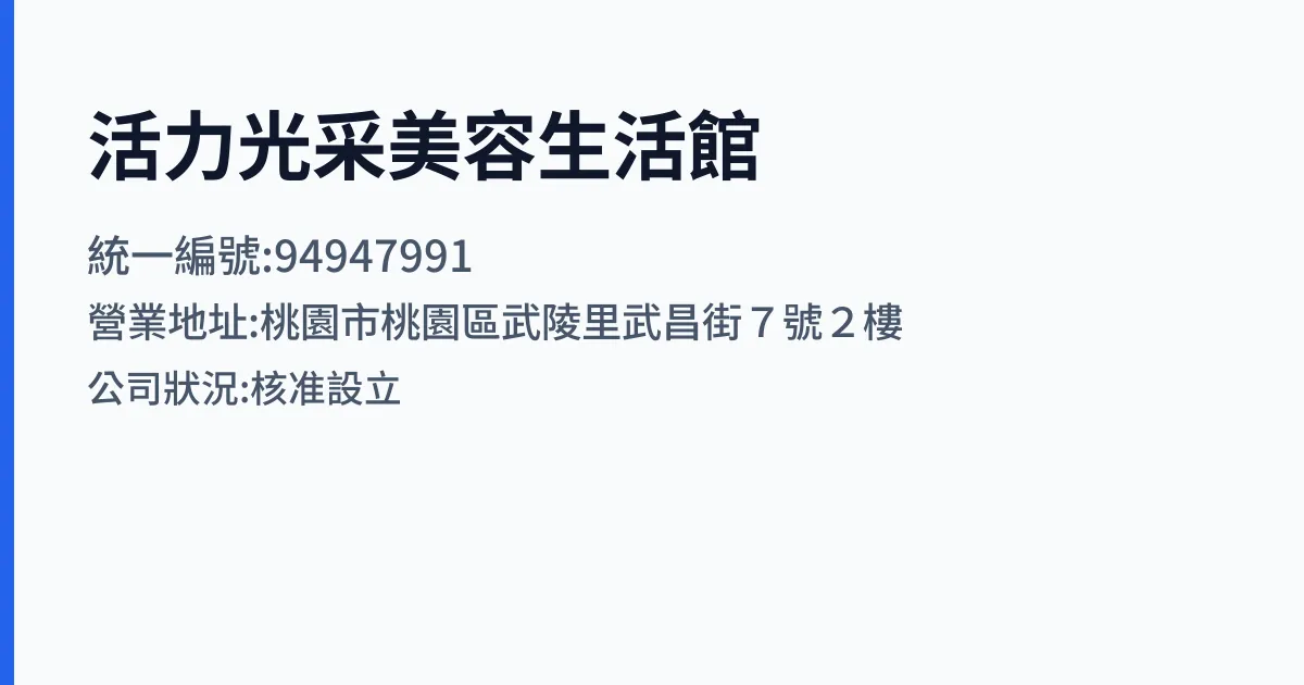 活力光采美容生活館 - 統編 94947991(桃園市) 公司登記資料與營業項目詳細圖表