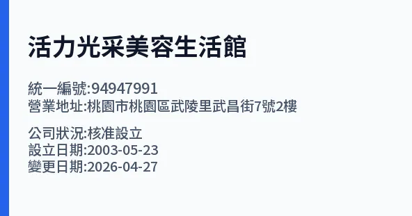 活力光采美容生活館的照片-統編 94947991(桃園市) 公司登記資料與營業項目詳細圖表