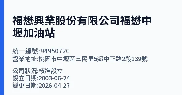福懋興業股份有限公司福懋中壢加油站的照片-統編 94950720(桃園市) 公司登記資料與營業項目詳細圖表