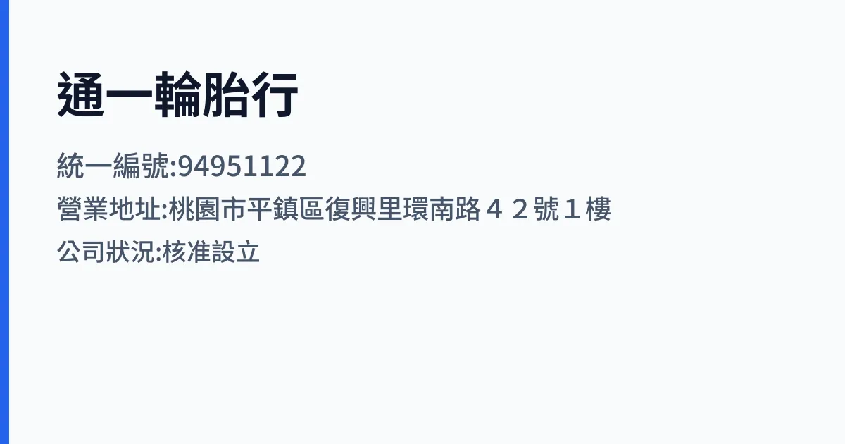 通一輪胎行 - 統編 94951122(桃園市) 公司登記資料與營業項目詳細圖表
