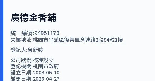 廣德金香鋪的照片-統編 94951170(桃園市) 公司登記資料與營業項目詳細圖表