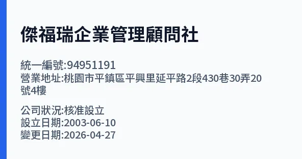 傑福瑞企業管理顧問社的照片-統編 94951191(桃園市) 公司登記資料與營業項目詳細圖表