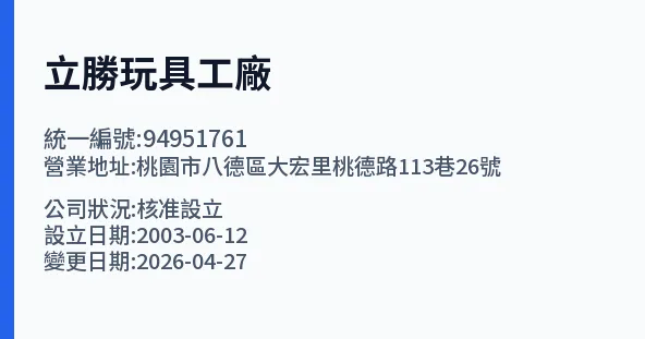 立勝玩具工廠的照片-統編 94951761(桃園市) 公司登記資料與營業項目詳細圖表