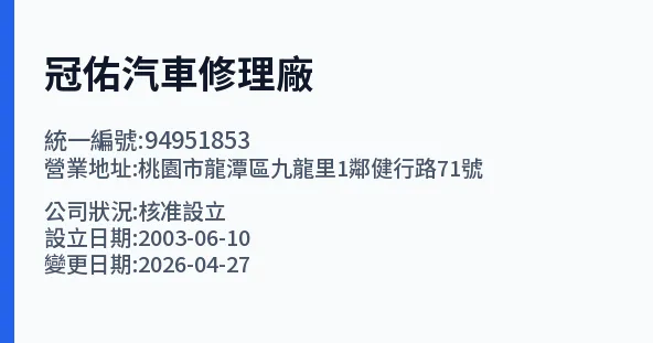 冠佑汽車修理廠的照片-統編 94951853(桃園市) 公司登記資料與營業項目詳細圖表