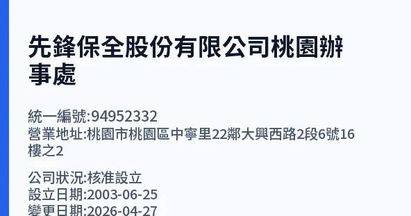 先鋒保全股份有限公司桃園辦事處的照片-統編 94952332(桃園市) 公司登記資料與營業項目詳細圖表