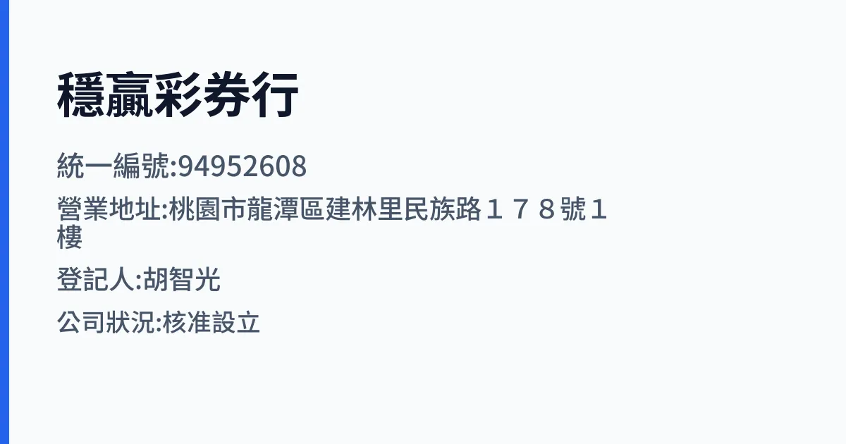 穩贏彩券行 - 統編 94952608(桃園市) 公司登記資料與營業項目詳細圖表