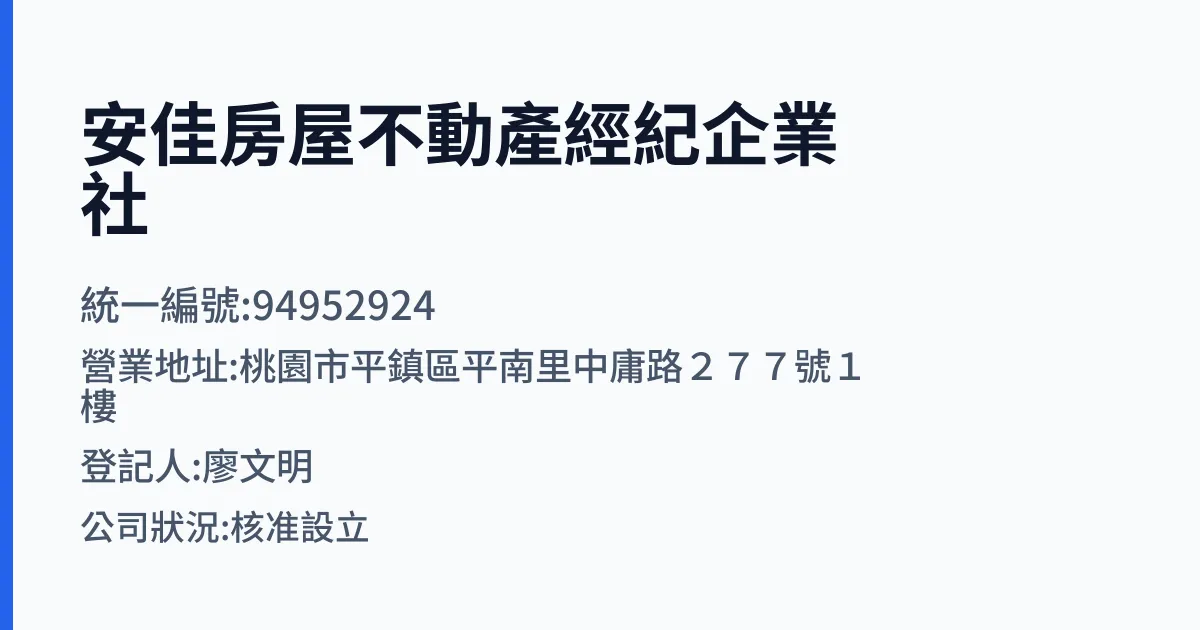 安佳房屋不動產經紀企業社 - 統編 94952924(桃園市) 公司登記資料與營業項目詳細圖表