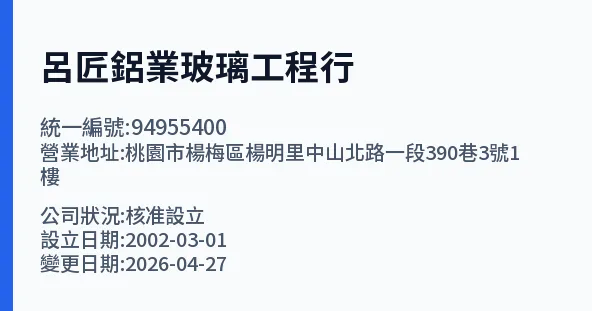 呂匠鋁業玻璃工程行的照片-統編 94955400(桃園市) 公司登記資料與營業項目詳細圖表
