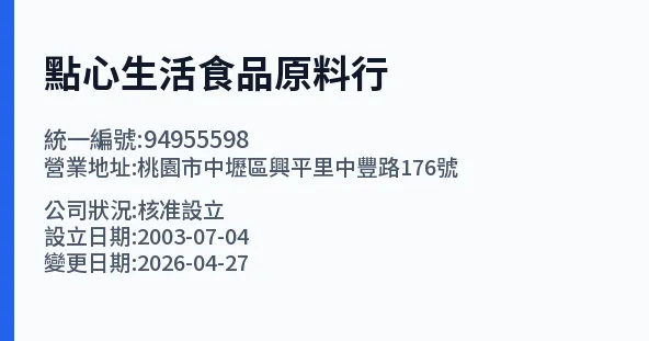 點心生活食品原料行的照片-統編 94955598(桃園市) 公司登記資料與營業項目詳細圖表