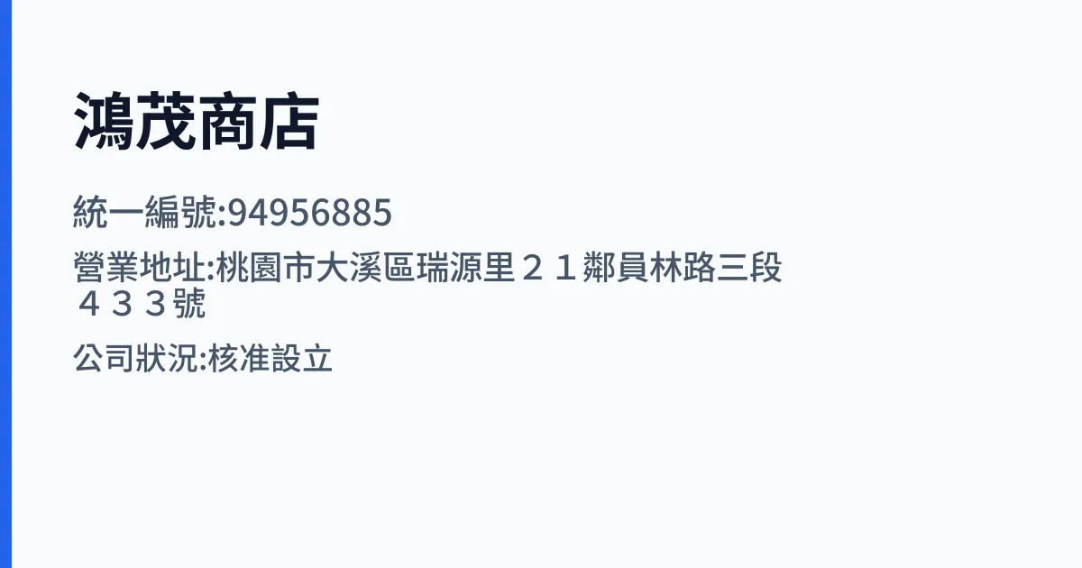鴻茂商店 - 統編 94956885(桃園市) 公司登記資料與營業項目詳細圖表