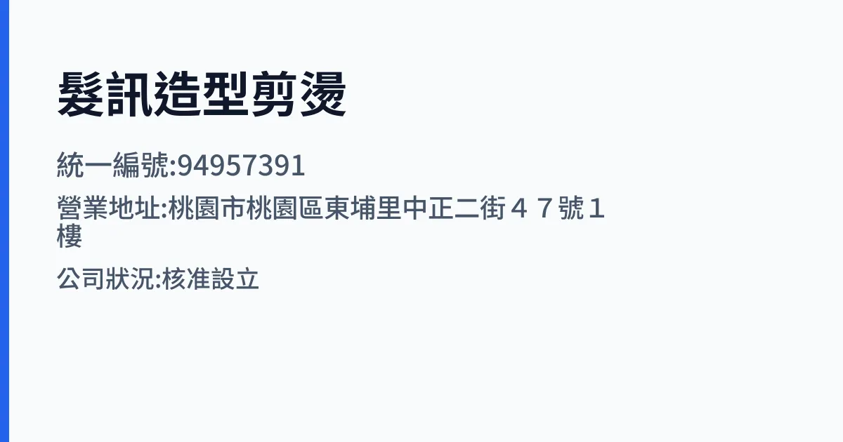 髮訊造型剪燙 - 統編 94957391(桃園市) 公司登記資料與營業項目詳細圖表