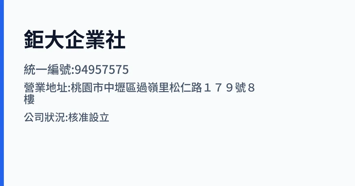 鉅大企業社 - 統編 94957575(桃園市) 公司登記資料與營業項目詳細圖表
