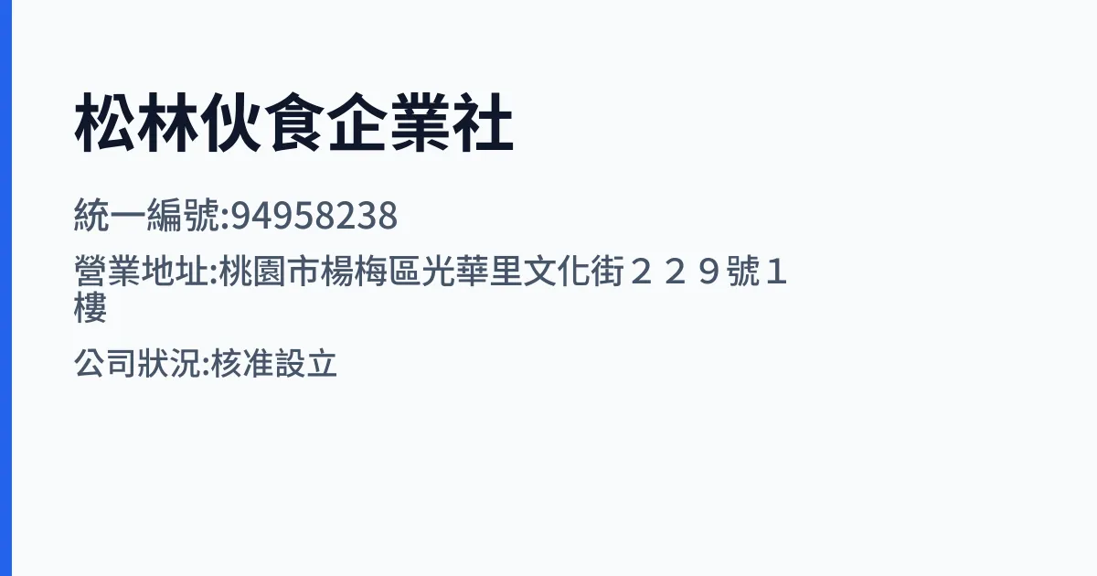 松林伙食企業社 - 統編 94958238(桃園市) 公司登記資料與營業項目詳細圖表