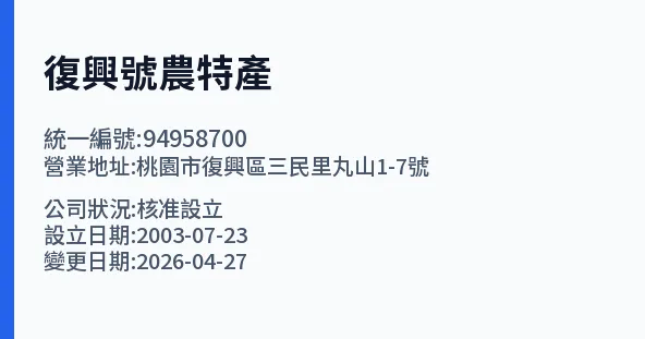 復興號農特產的照片-統編 94958700(桃園市) 公司登記資料與營業項目詳細圖表
