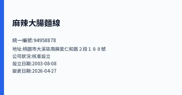 麻辣大腸麵線的照片-統編 94958878(桃園市) 公司登記資料與營業項目詳細圖表