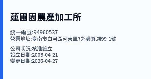 蓮圃園農產加工所的照片-統編 94960537(臺南市) 公司登記資料與營業項目詳細圖表