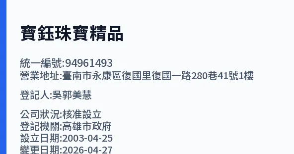 寶鈺珠寶精品的照片-統編 94961493(臺南市) 公司登記資料與營業項目詳細圖表