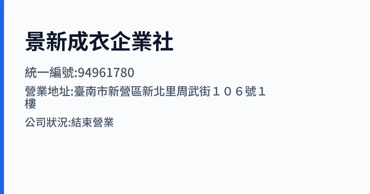 景新成衣企業社 - 統編 94961780(臺南市) 公司登記資料與營業項目詳細圖表