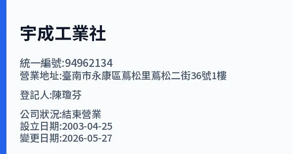 宇成工業社的照片-統編 94962134(臺南市) 公司登記資料與營業項目詳細圖表