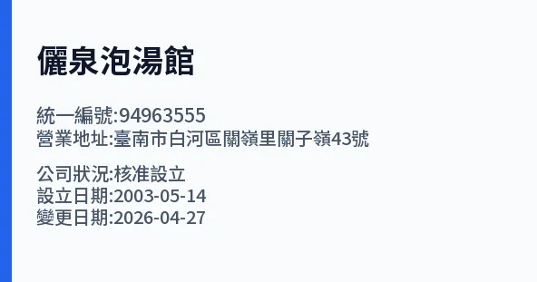 儷泉泡湯館的照片-統編 94963555(臺南市) 公司登記資料與營業項目詳細圖表