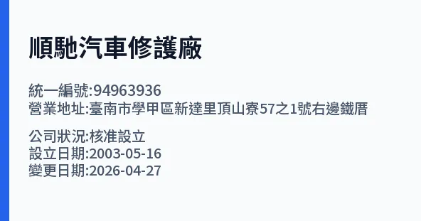 順馳汽車修護廠的照片-統編 94963936(臺南市) 公司登記資料與營業項目詳細圖表