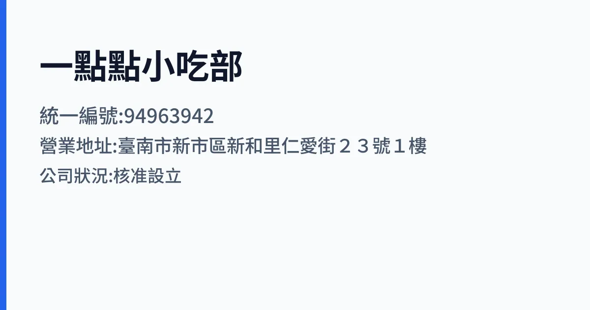 一點點小吃部 - 統編 94963942(臺南市) 公司登記資料與營業項目詳細圖表