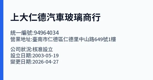 上大仁德汽車玻璃商行的照片-統編 94964034(臺南市) 公司登記資料與營業項目詳細圖表