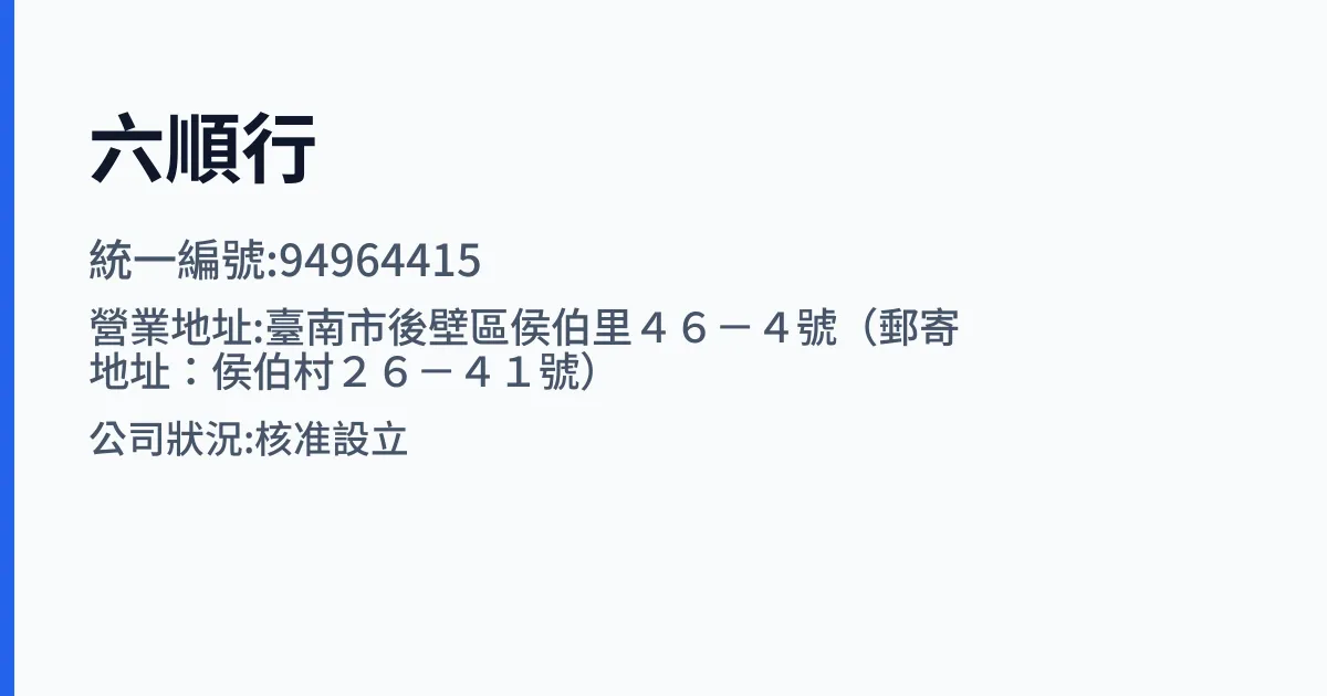 六順行 - 統編 94964415(臺南市) 公司登記資料與營業項目詳細圖表