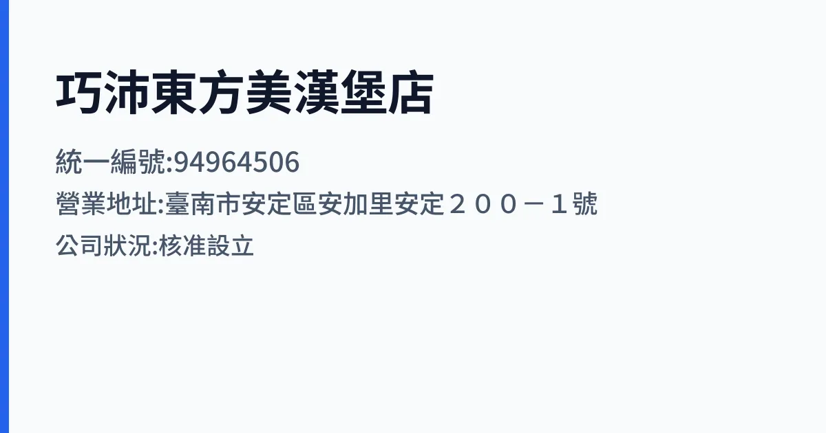 巧沛東方美漢堡店 - 統編 94964506(臺南市) 公司登記資料與營業項目詳細圖表