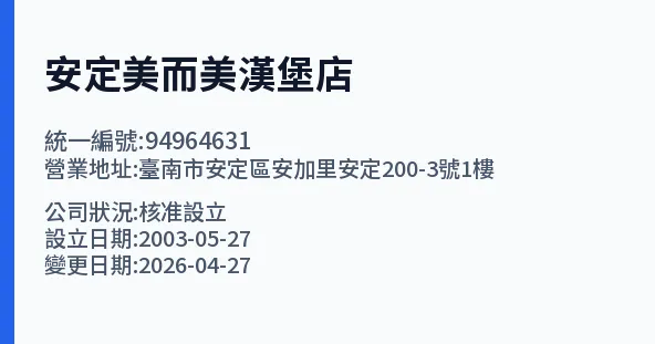 安定美而美漢堡店的照片-統編 94964631(臺南市) 公司登記資料與營業項目詳細圖表