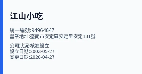 江山小吃的照片-統編 94964647(臺南市) 公司登記資料與營業項目詳細圖表