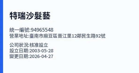 特瑞沙髮藝的照片-統編 94965548(臺南市) 公司登記資料與營業項目詳細圖表