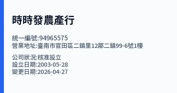 時時發農產行的照片-統編 94965575(臺南市) 公司登記資料與營業項目詳細圖表