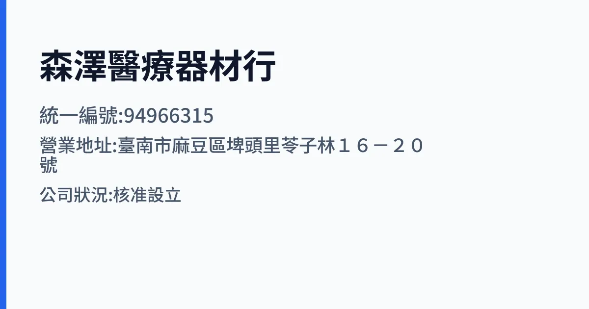 森澤醫療器材行 - 統編 94966315(臺南市) 公司登記資料與營業項目詳細圖表