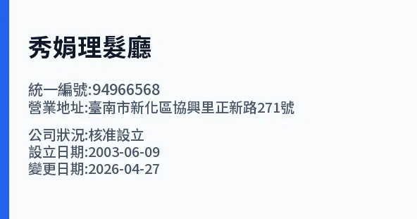 秀娟理髮廳的照片-統編 94966568(臺南市) 公司登記資料與營業項目詳細圖表