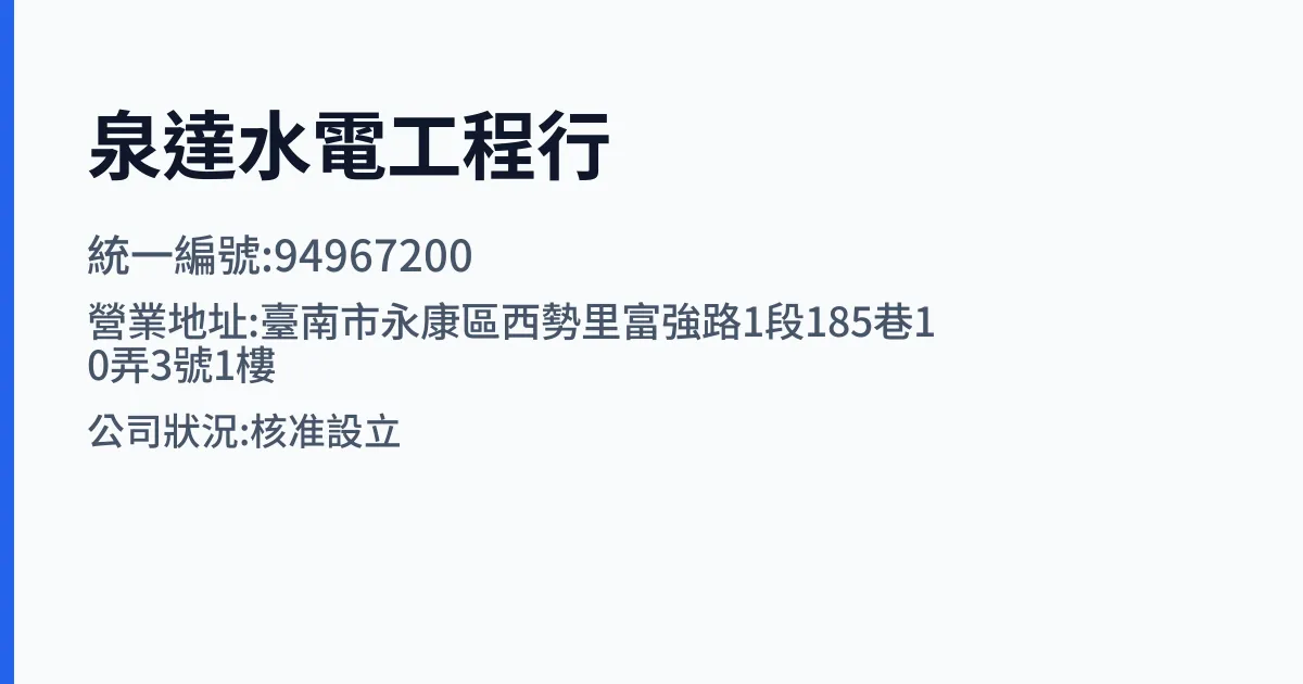泉達水電工程行 - 統編 94967200(臺南市) 公司登記資料與營業項目詳細圖表
