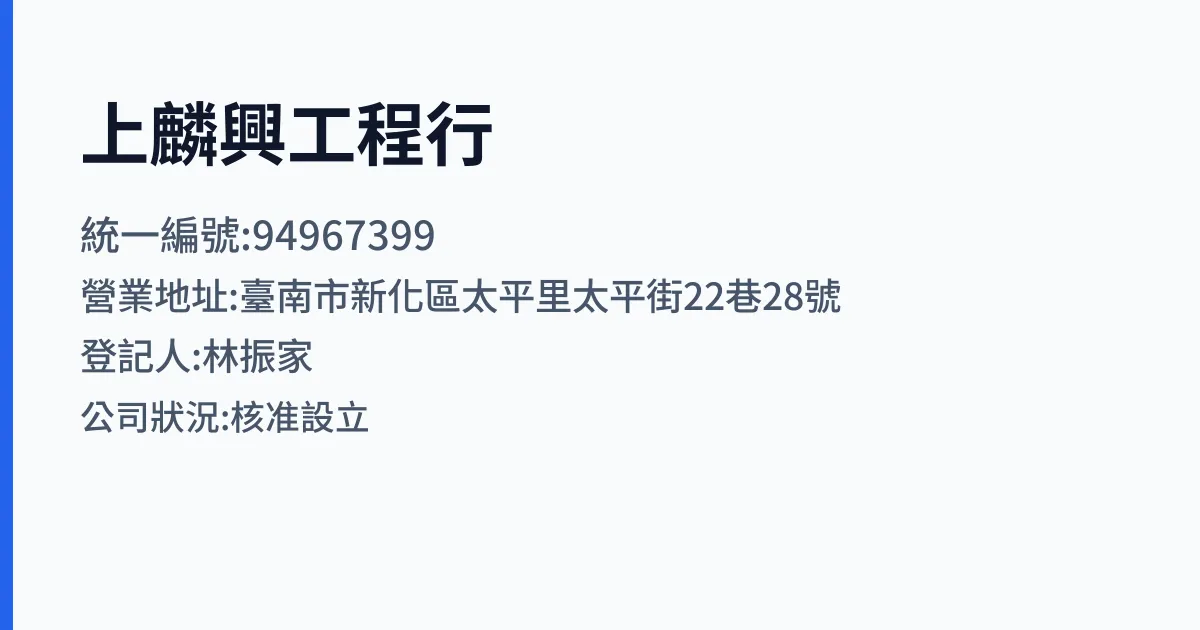 上麟興工程行 - 統編 94967399（臺南市） 公司登記資料與營業項目詳細圖表