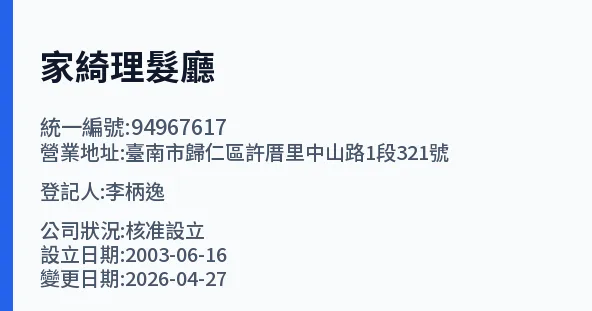 家綺理髮廳的照片-統編 94967617(臺南市) 公司登記資料與營業項目詳細圖表