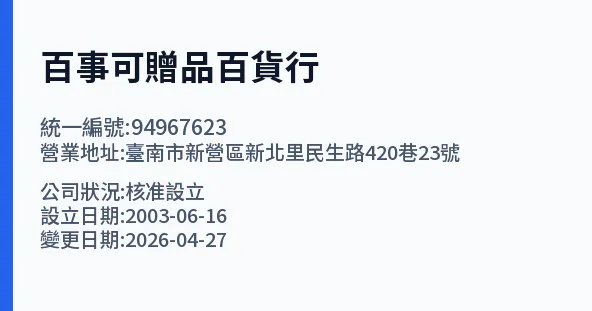 百事可贈品百貨行的照片-統編 94967623(臺南市) 公司登記資料與營業項目詳細圖表
