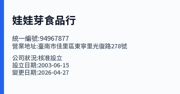 娃娃芽食品行的照片-統編 94967877(臺南市) 公司登記資料與營業項目詳細圖表