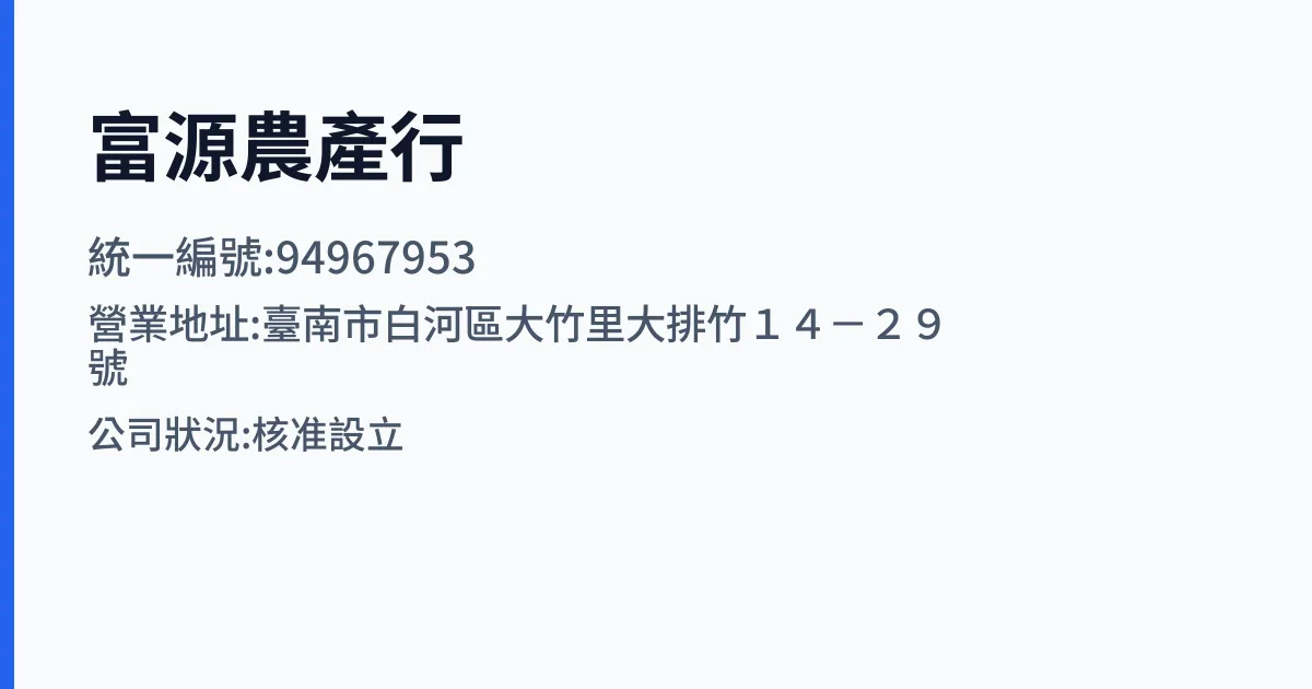 富源農產行 - 統編 94967953(臺南市) 公司登記資料與營業項目詳細圖表