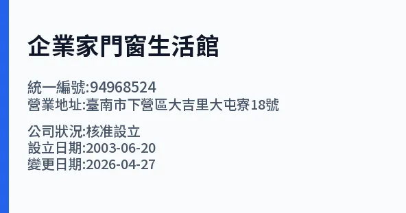 企業家門窗生活館的照片-統編 94968524(臺南市) 公司登記資料與營業項目詳細圖表