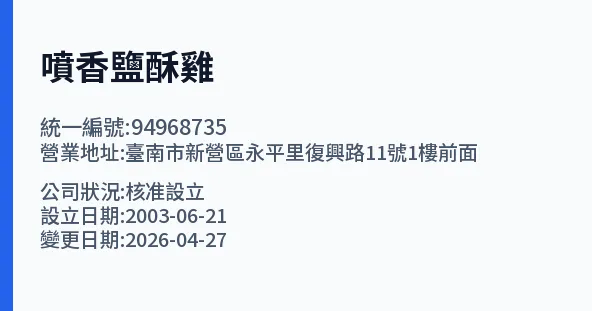 噴香鹽酥雞的照片-統編 94968735(臺南市) 公司登記資料與營業項目詳細圖表